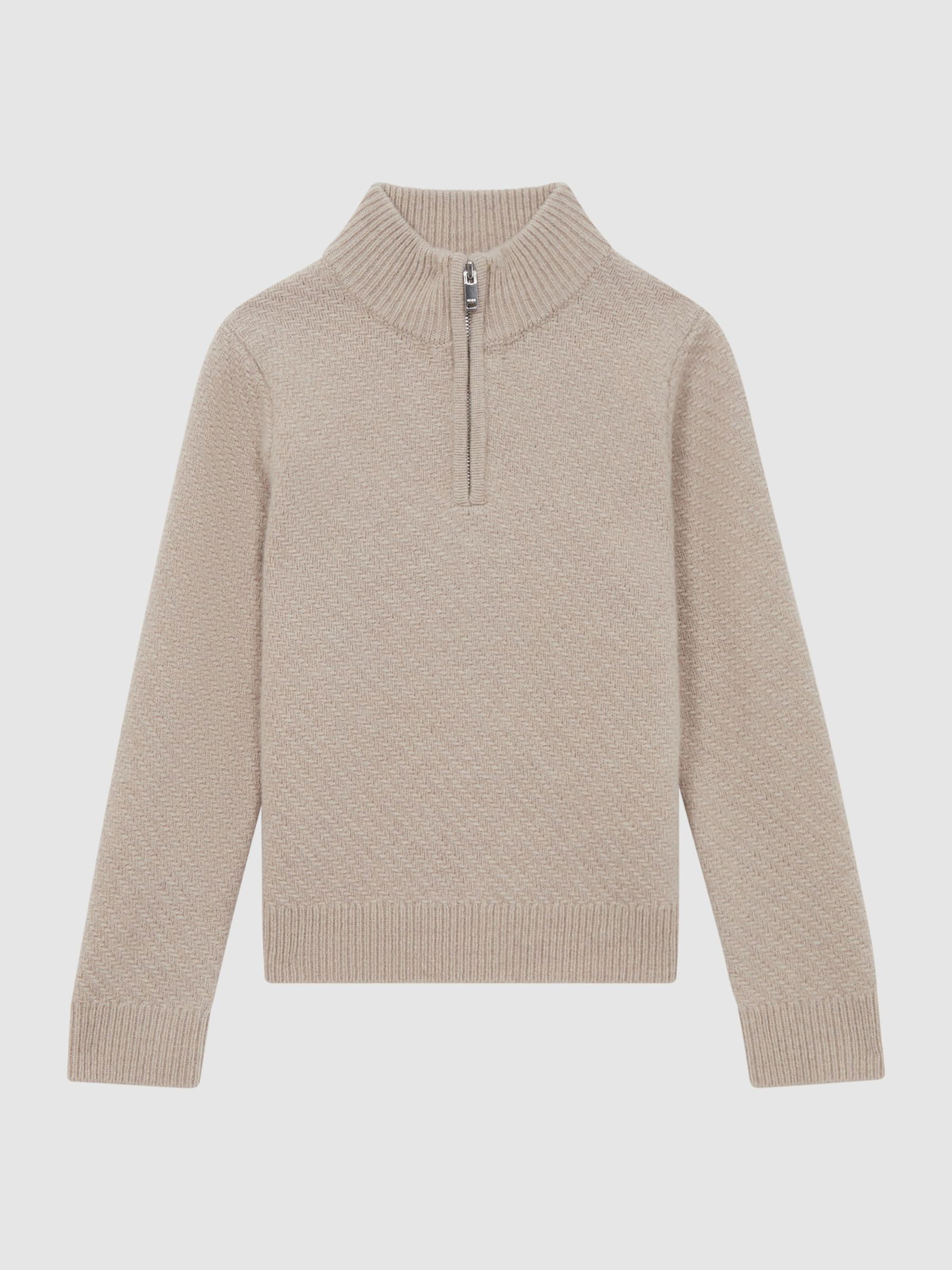 REISS Tempo Slim Fit Knitted Half-Zip Funnel Neck Jumper in Oatmeal Melange | endource
