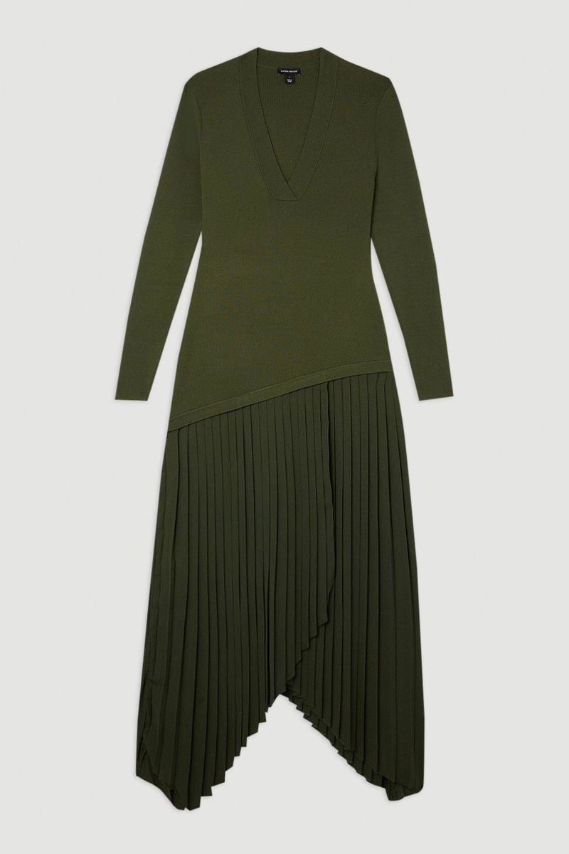 Karen Millen Viscose Blend Knit Mix Asymmetric Midaxi Dress In Khaki