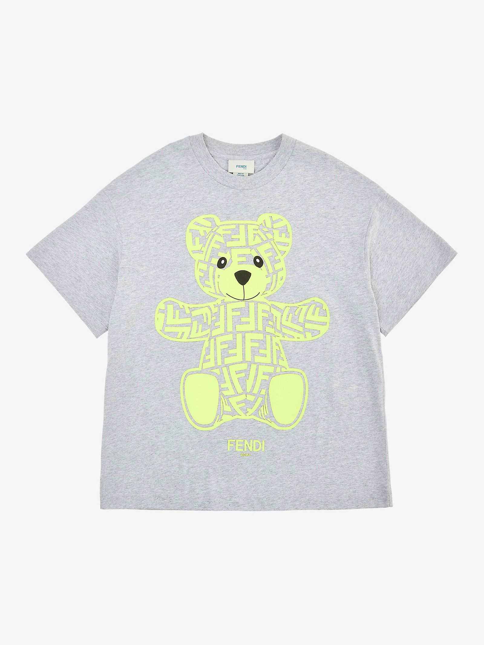 FENDI Logo Bear-Print Cotton T-Shirt in Gri Melang+gial Fluo | Endource