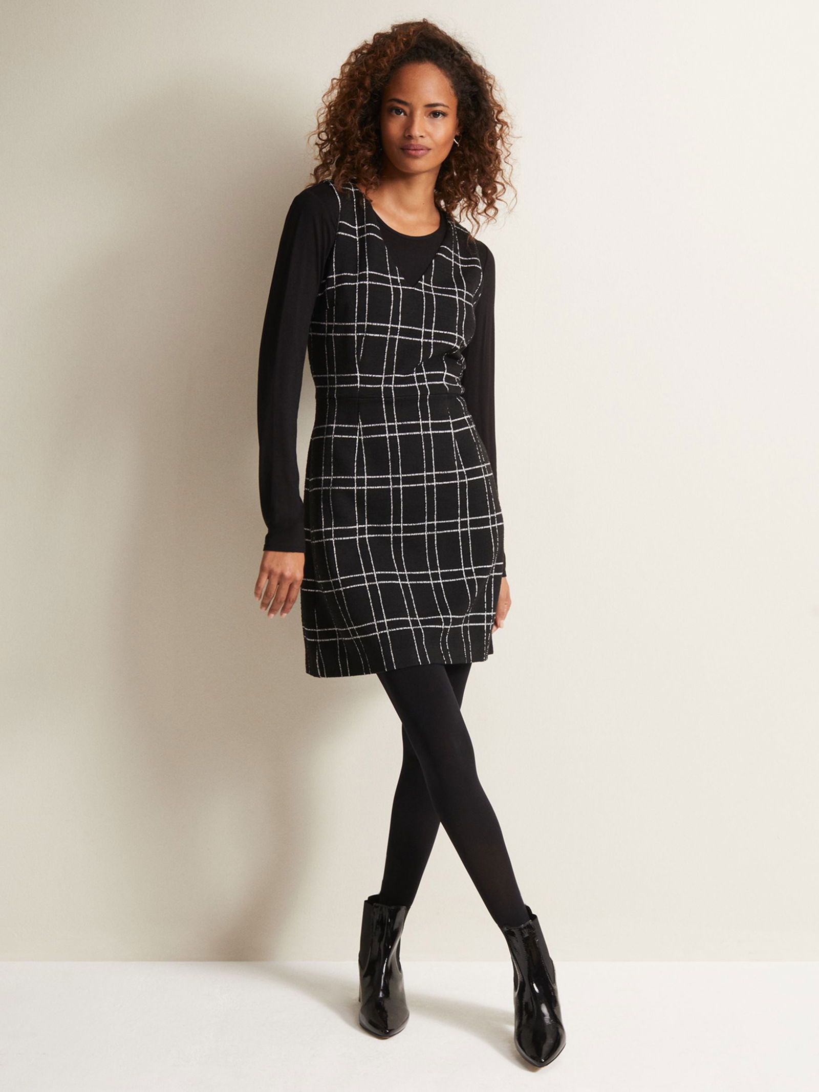 PHASE EIGHT Gemma Check Pinafore Dress in Black/Ivory | endource