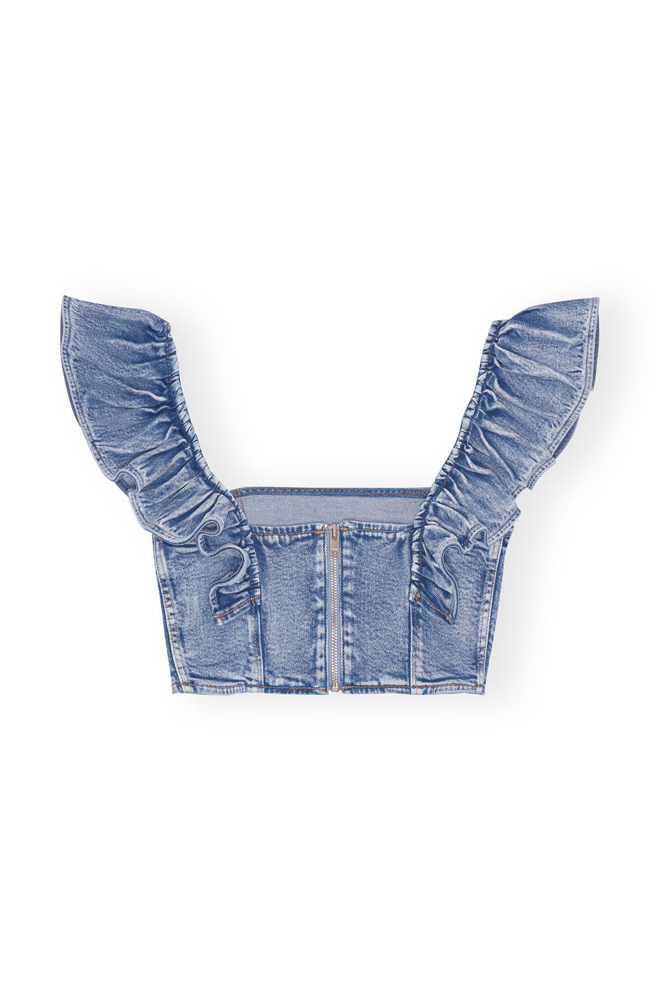 GANNI Stretch Denim Ruffle Top in Light Blue Vintage | endource