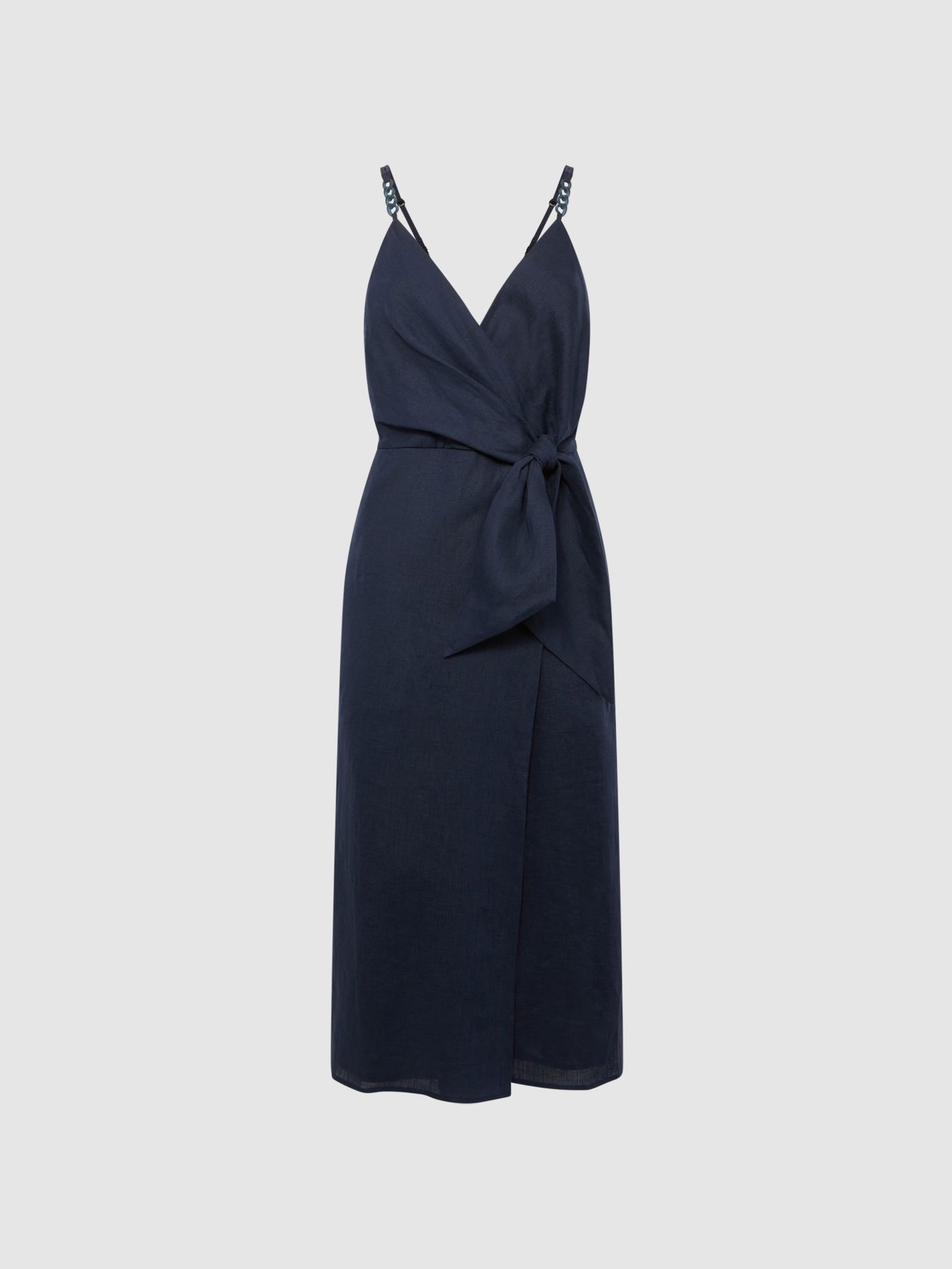 REISS Esme Linen Side Tie Dress in Navy | endource