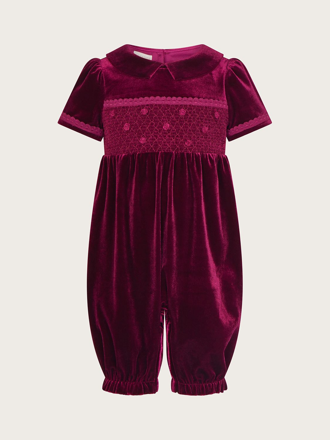 Monsoon Velvet Smock Romper in Burgundy | Endource