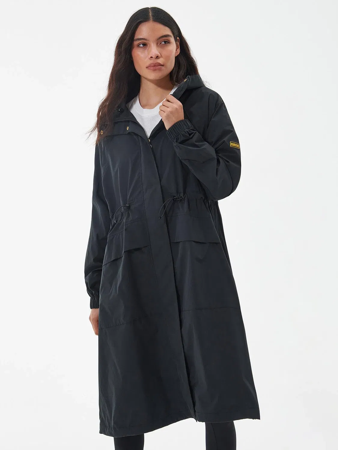 BARBOUR Woodvale Showerproof Longline Coat in Black | endource