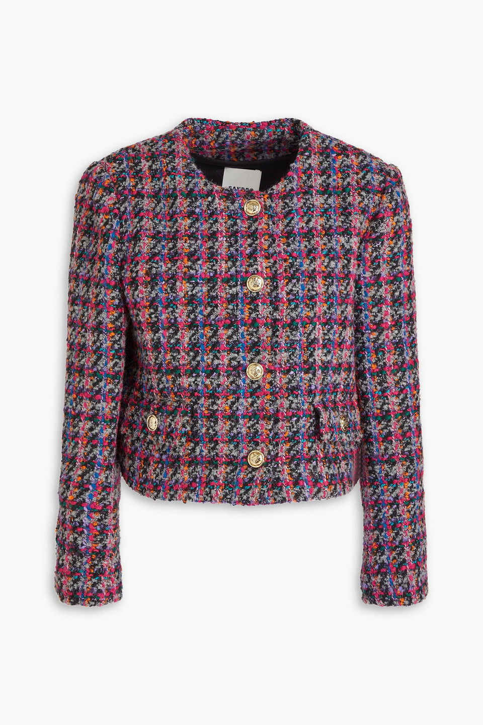 SANDRO Cropped Bouclé-Tweed Jacket in Pink | endource