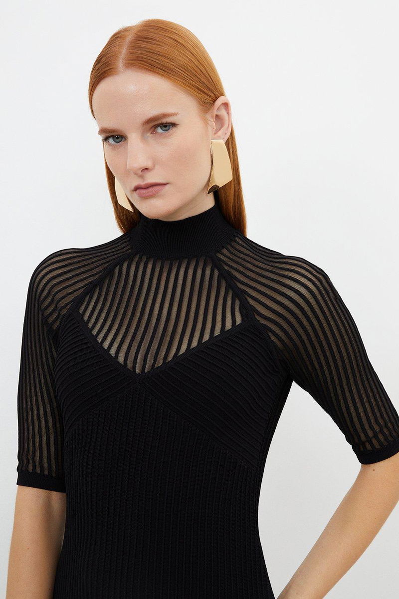 KAREN MILLEN Viscose Blend Sheer Knit Peplum Mini Dress in Black | Endource
