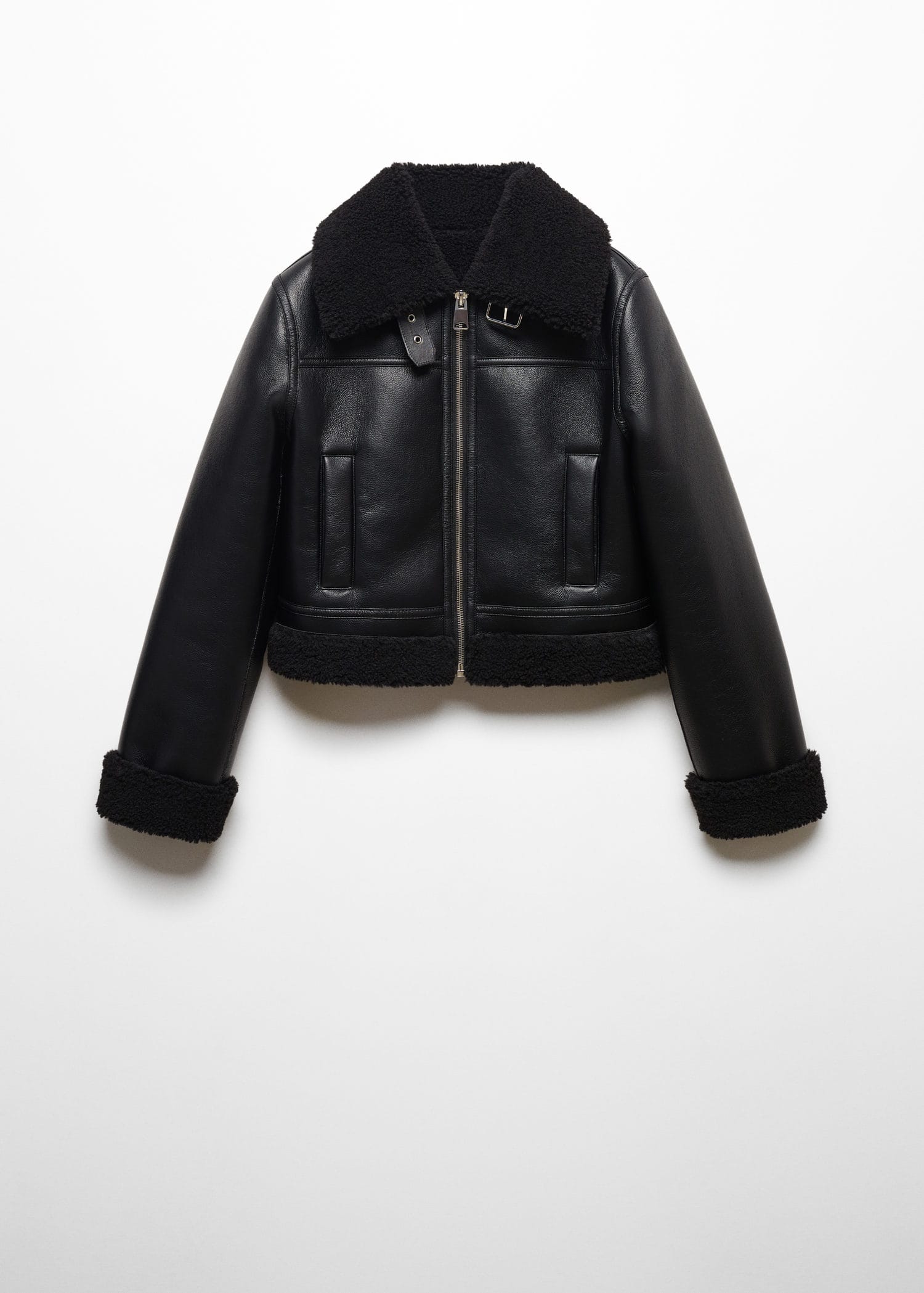 MANGO Faux Shearling-Lined Biker Jacket in Black | endource