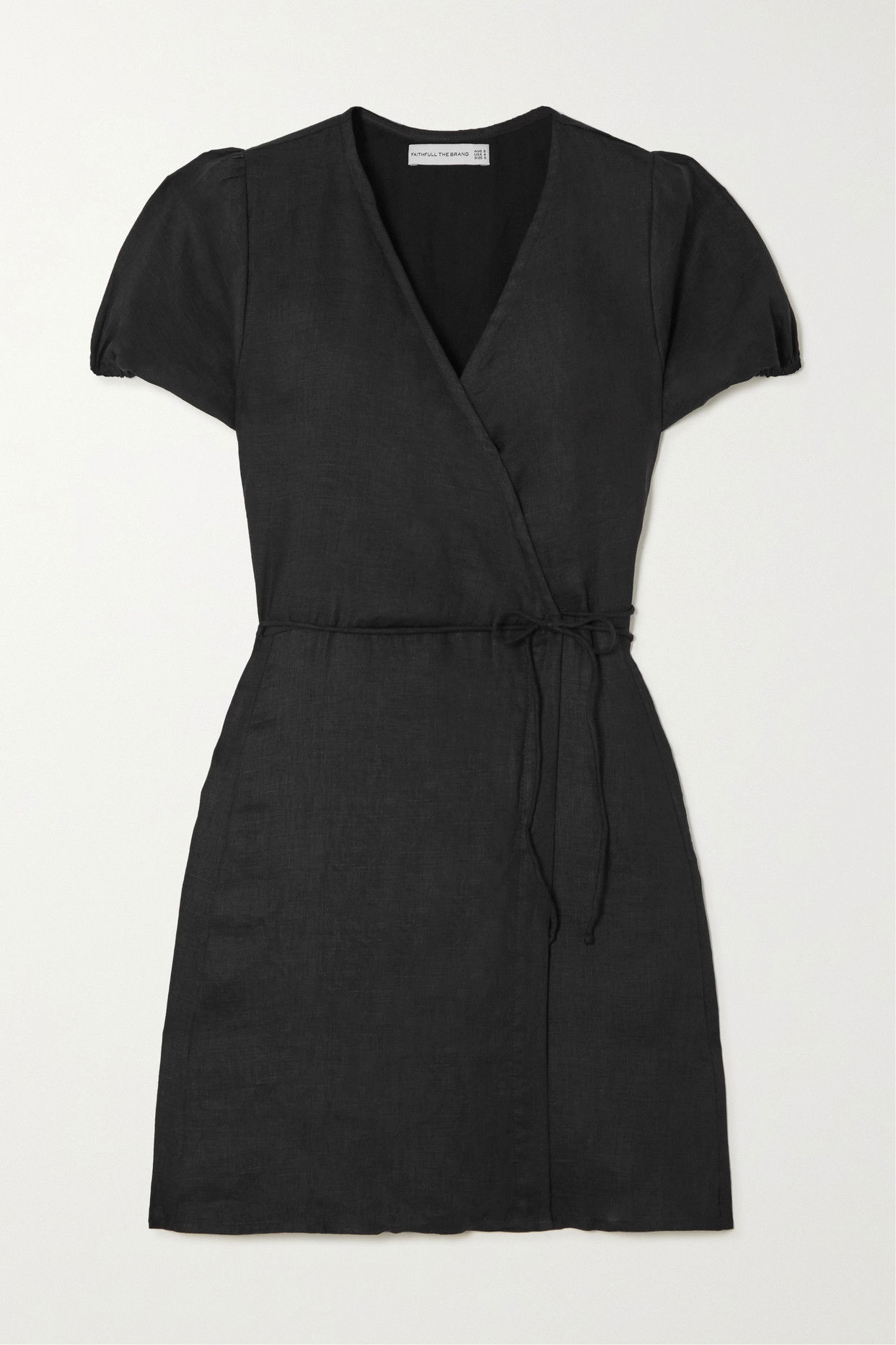 FAITHFULL THE BRAND Elliana Linen Mini Wrap Dress in Black | endource