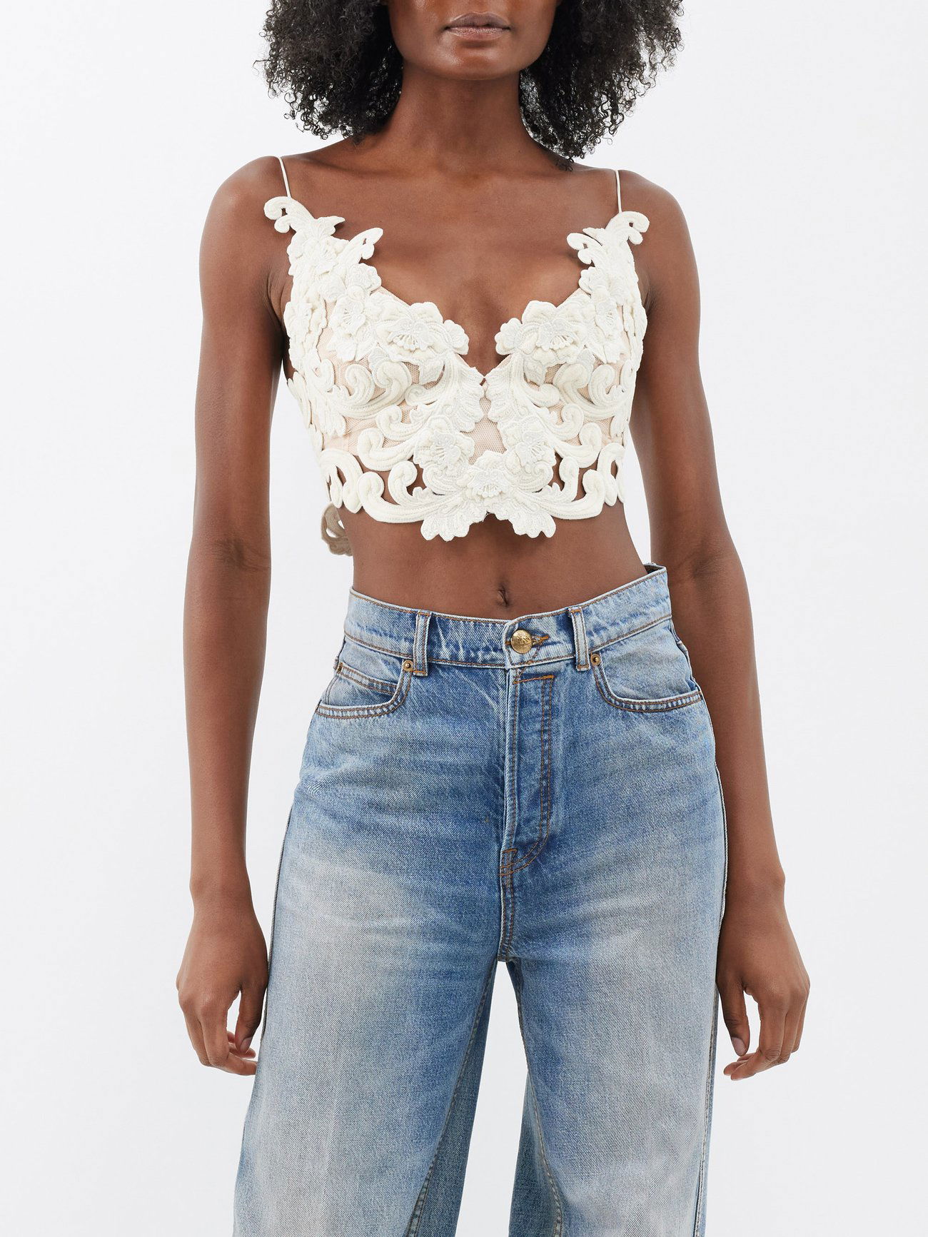 ZIMMERMANN Sensory Velvet-Lace Cropped Top in Ivory | endource