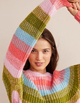 BODEN Fluffy Ribbed Raglan Jumper in Rainbow Stripe | Endource