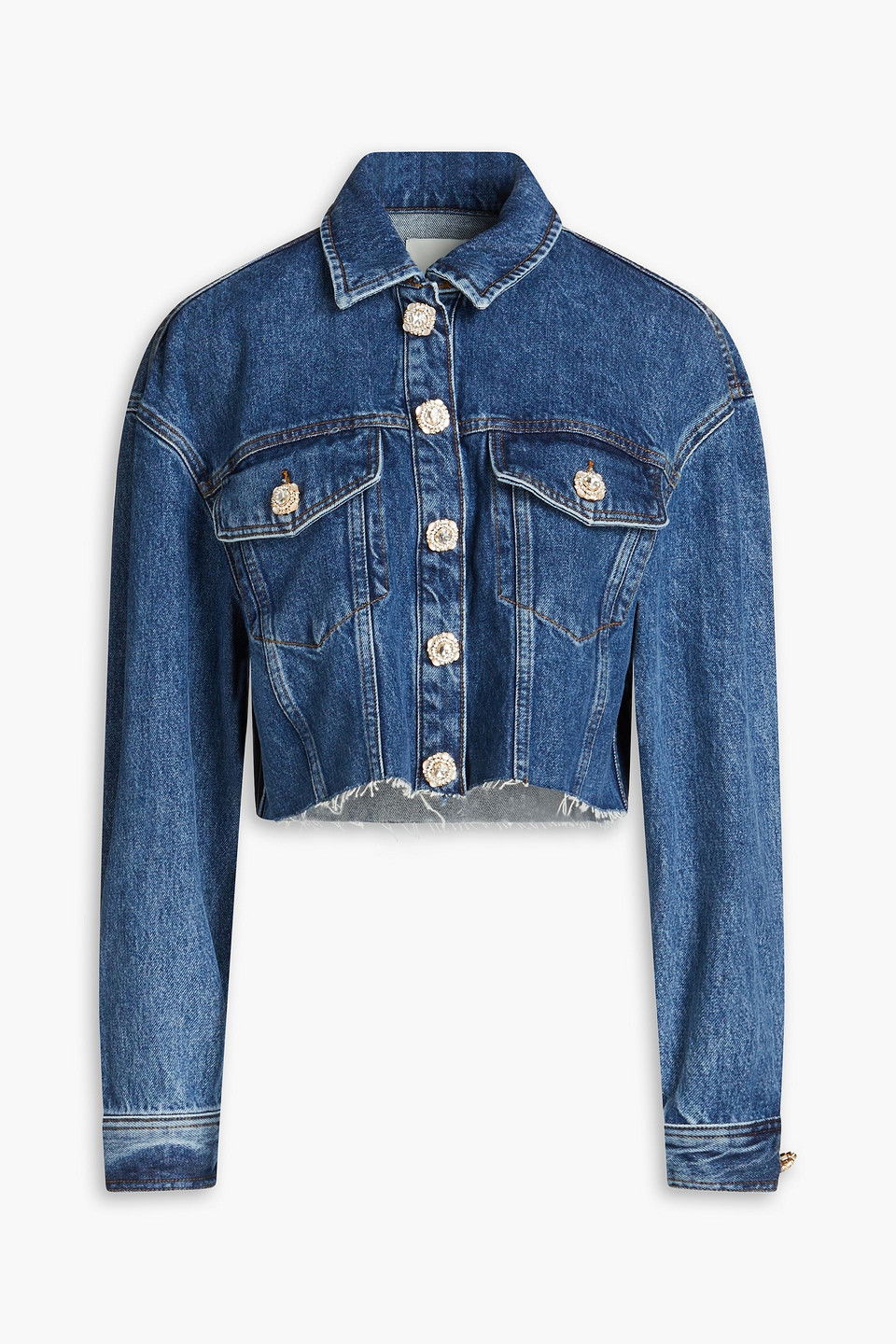 SANDRO Cropped Embellished Denim Jacket in Blue | endource
