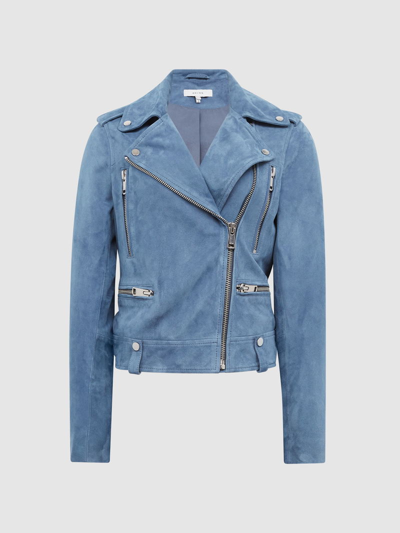 REISS Santiago Suede Biker Jacket in Blue | Endource