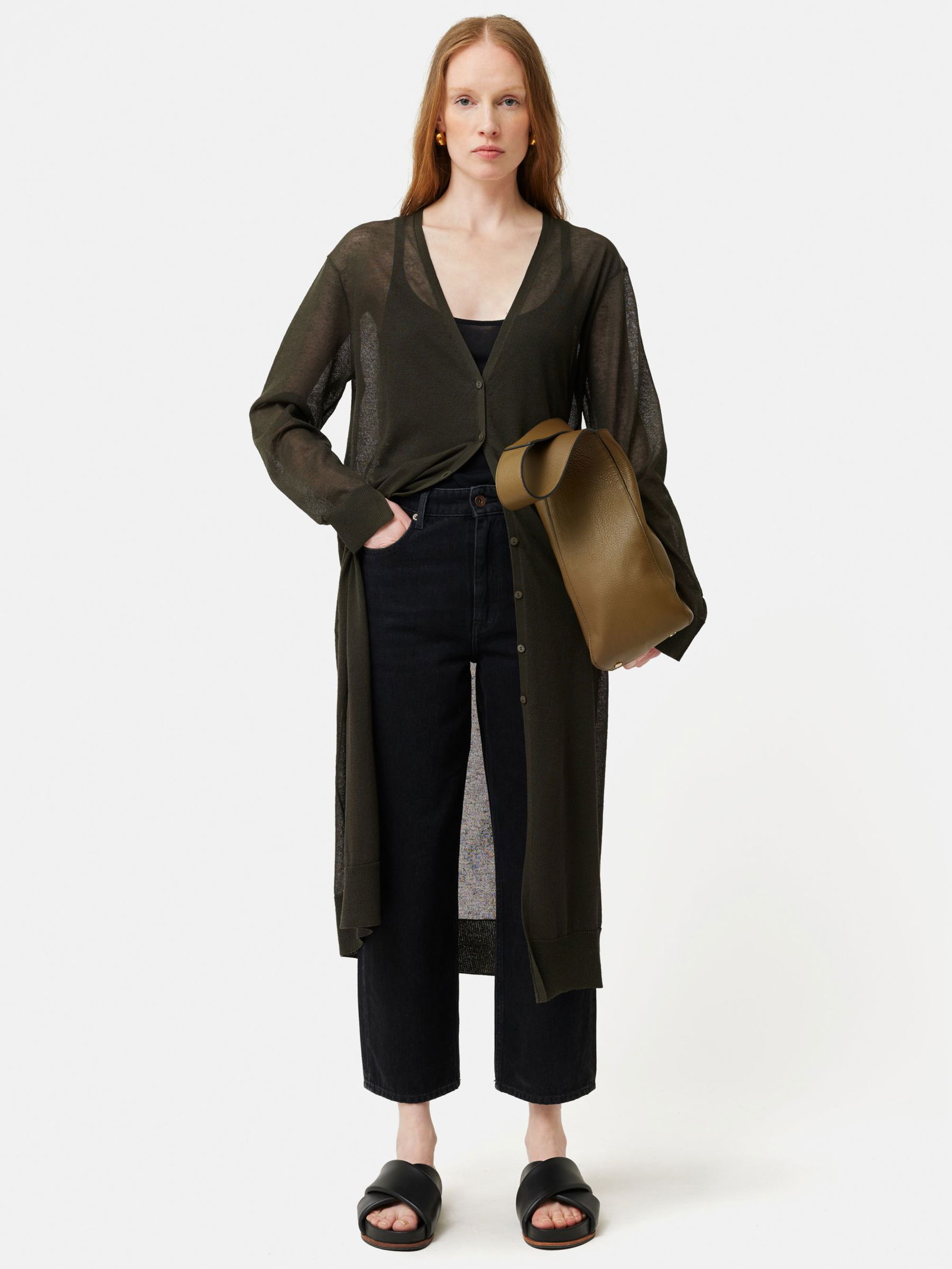 JIGSAW Plain Sheer Long Linen Blend Cardigan in Dark Green | endource