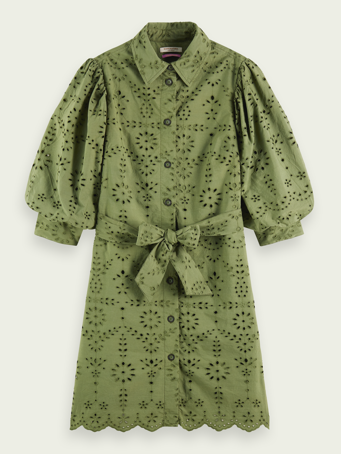 SCOTCH & SODA Puffed-Sleeve Broderie Anglaise Mini Dress in Olive Green ...