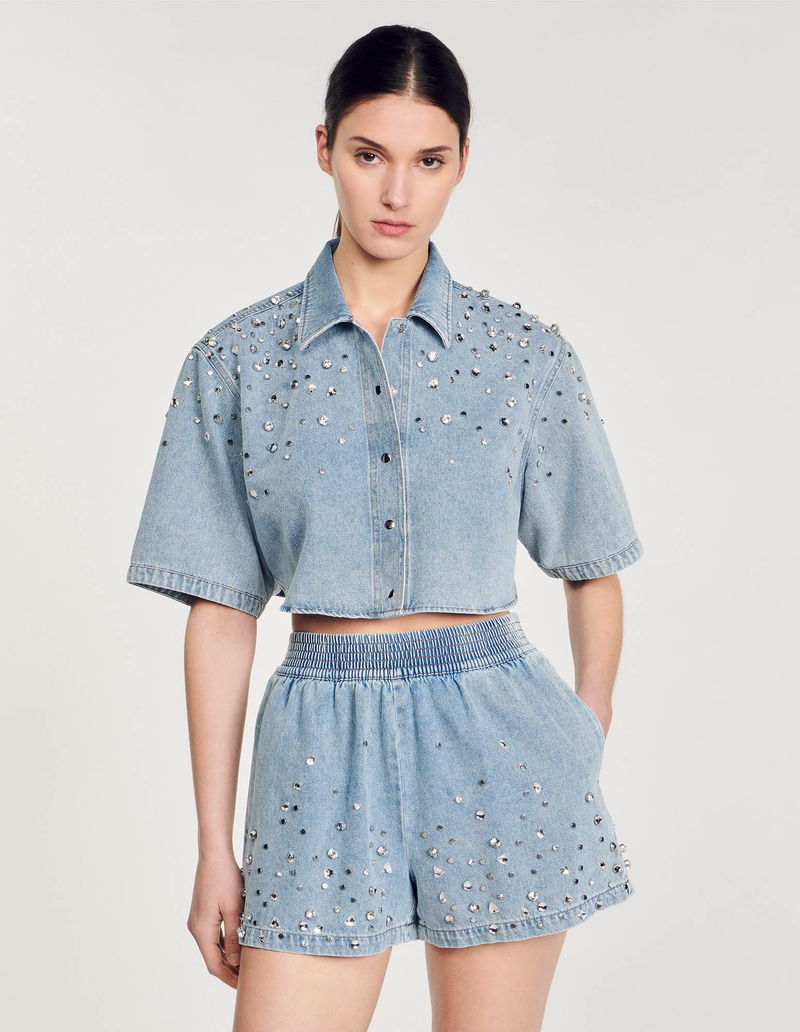 Sandro Wide Leg Rhinestone Denim Shorts Endource