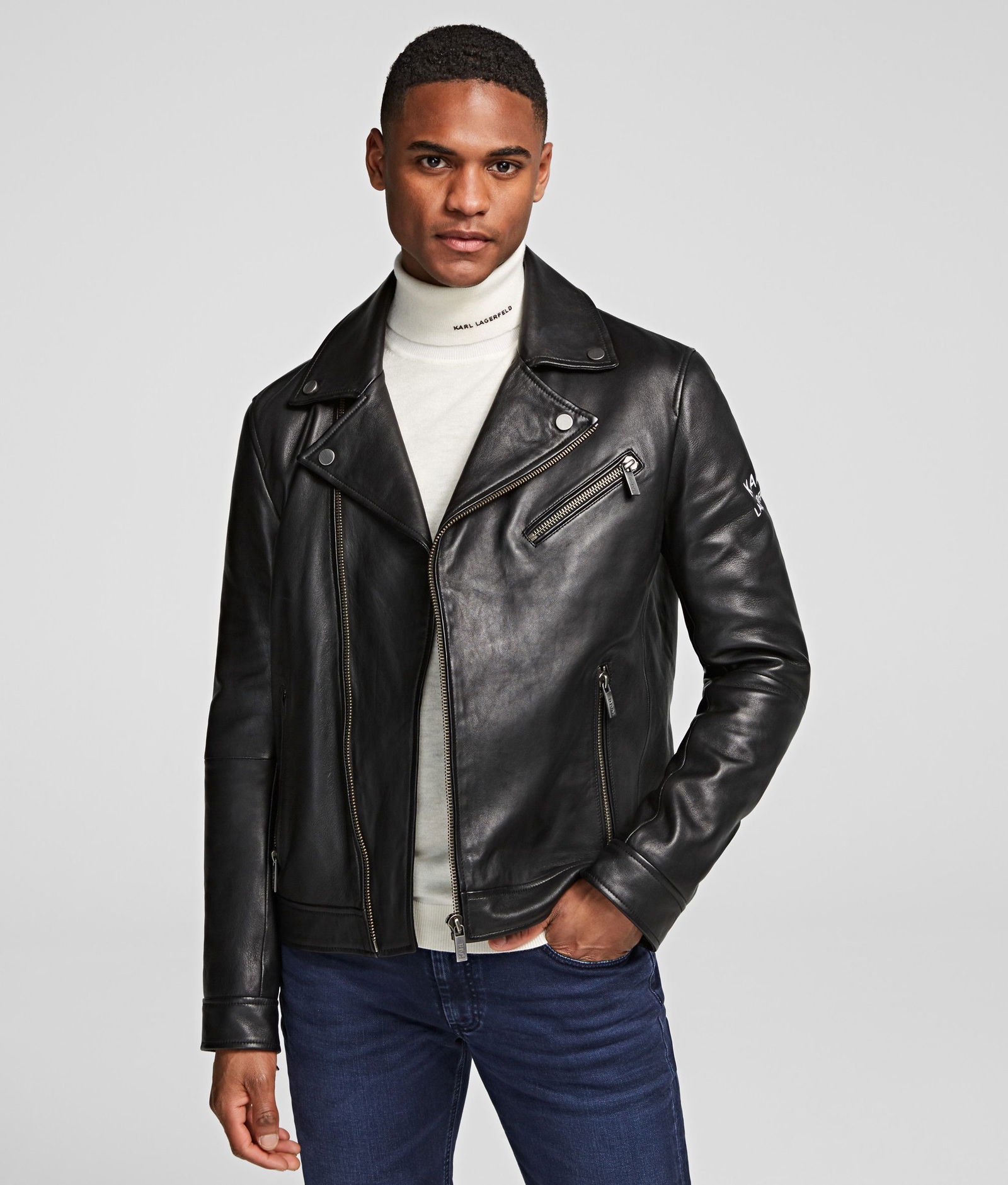 KARL LAGERFELD Karl Leather Moto Jacket in Black | endource