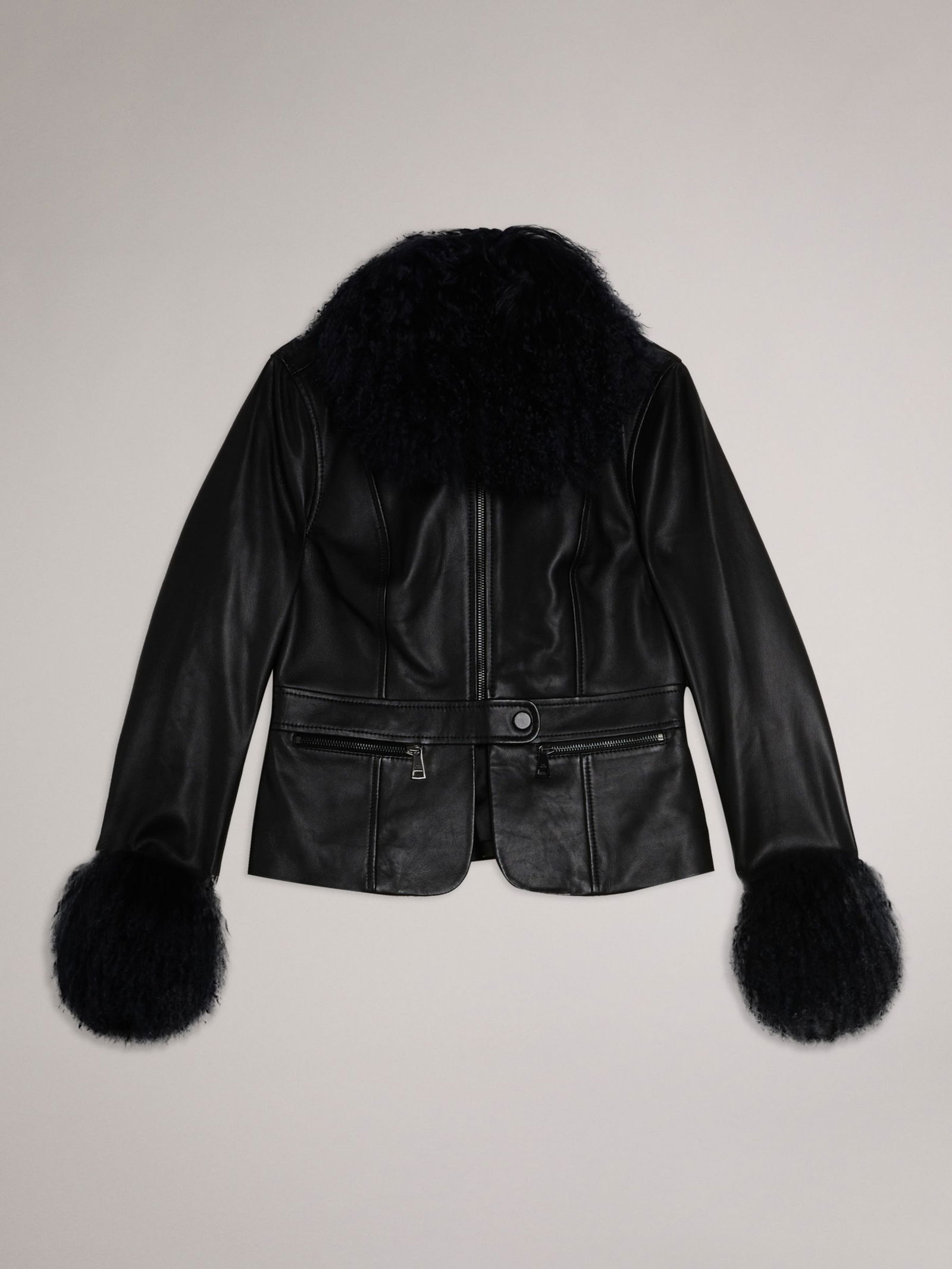 TED BAKER Tillyah Faux Fur Trim Leather Peplum Jacket in Black | Endource