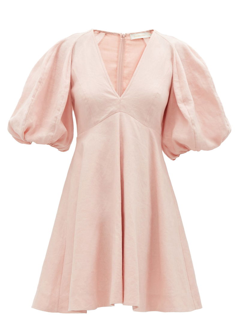 ZIMMERMANN Dancer Puff-Sleeve Linen Mini Dress in Pink | endource