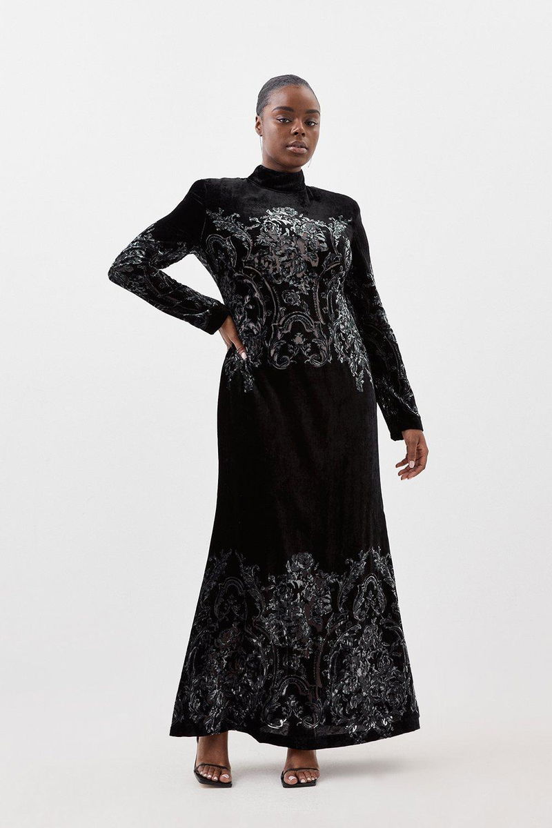 KAREN MILLEN Plus Size Placed Velvet Devore Long Sleeve Maxi Dress in ...
