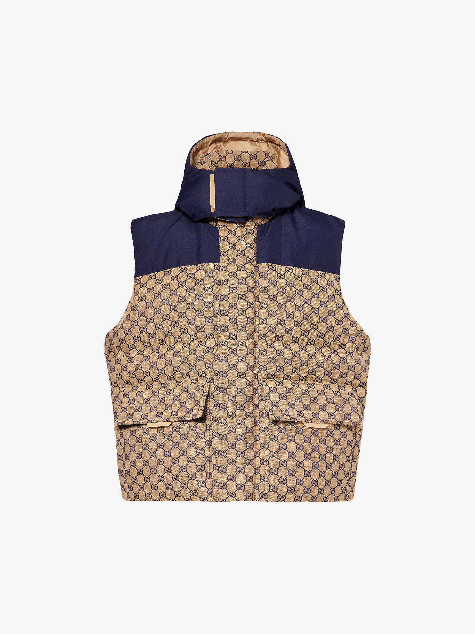 GUCCI Logo-Print Funnel-Neck Cotton-Blend Down-Gilet in BEIGE BLUE ...