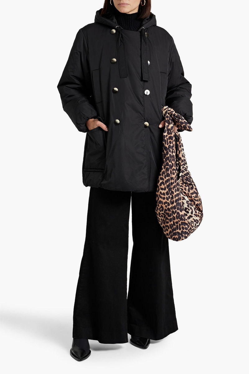 GANNI Double-Breasted Shell Hooded Coat in Black | endource
