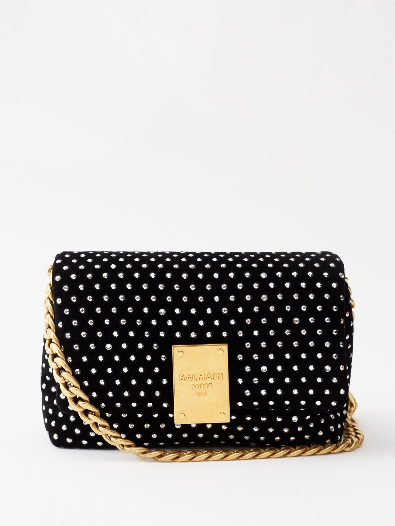 BALMAIN 1945 Mini Embellished Velvet Cross-Body Bag in Black | Endource