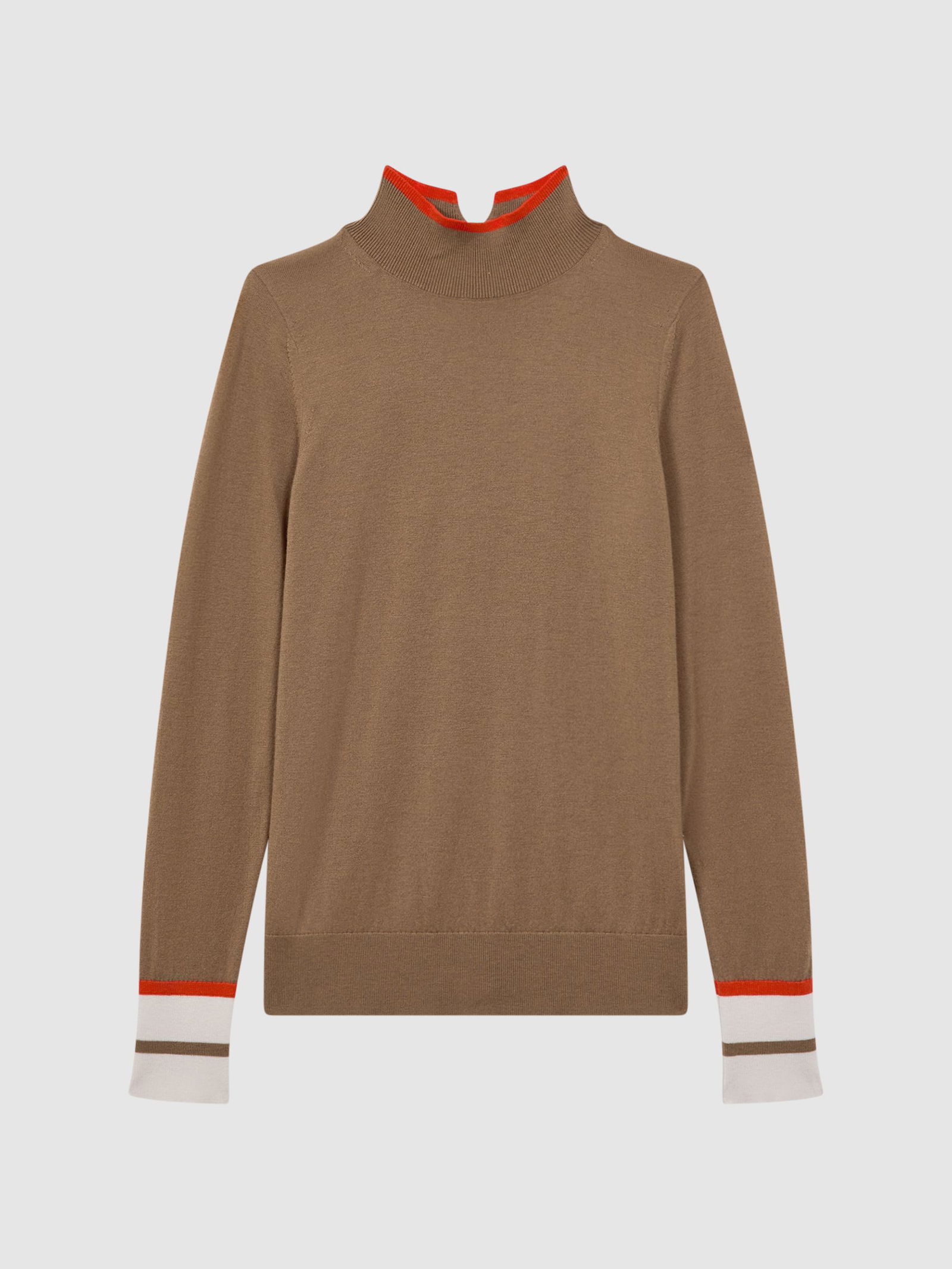REISS Kristen Fitted Merino Wool Funnel Neck Top in Camel/Orange | endource