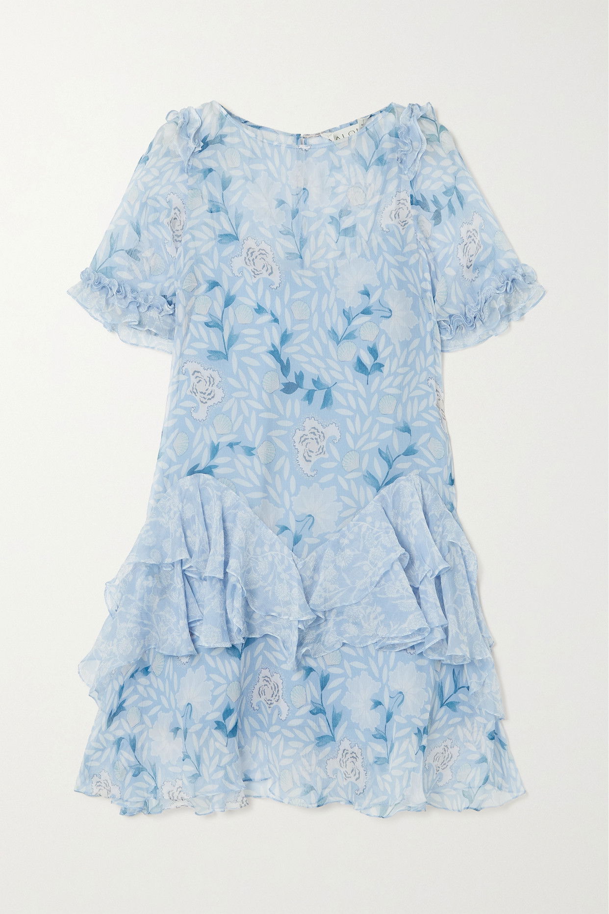 SALONI Thea Ruffled Floral-Print Silk-Crepon Mini Dress in Blue | Endource