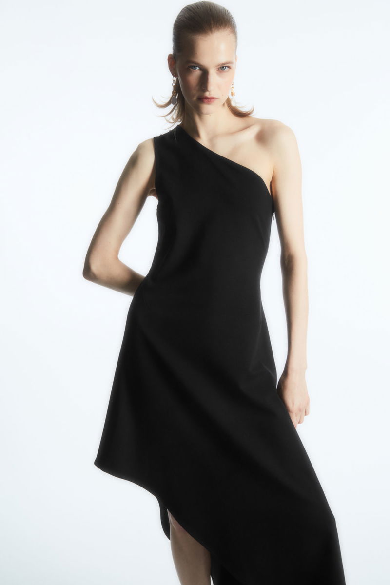 COS Asymmetric One-Shoulder Midi Dress in BLACK | endource