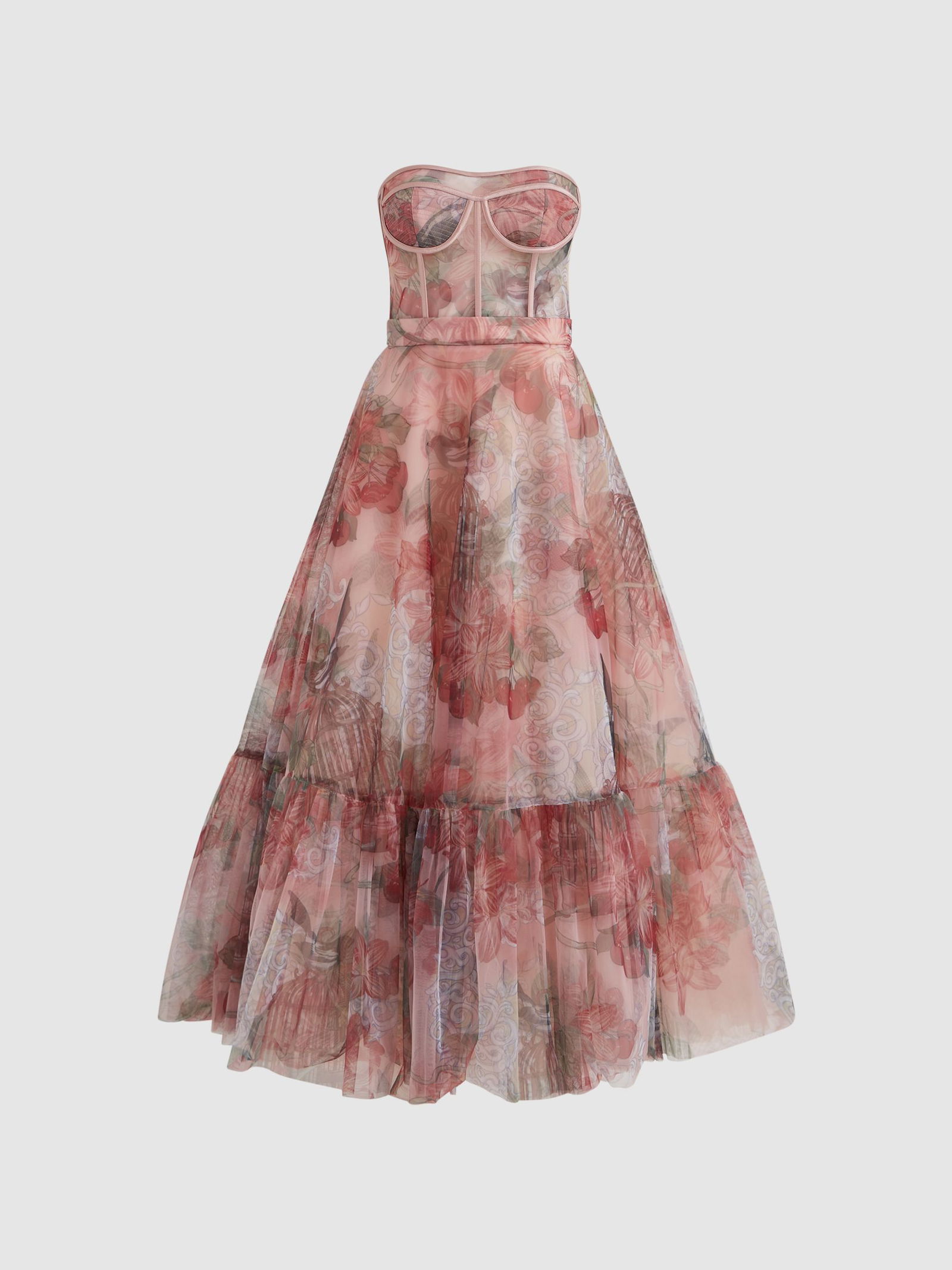 LEO LIN Rae Bustier Tulle Midi Dress in Azalea Print Fortune | Endource