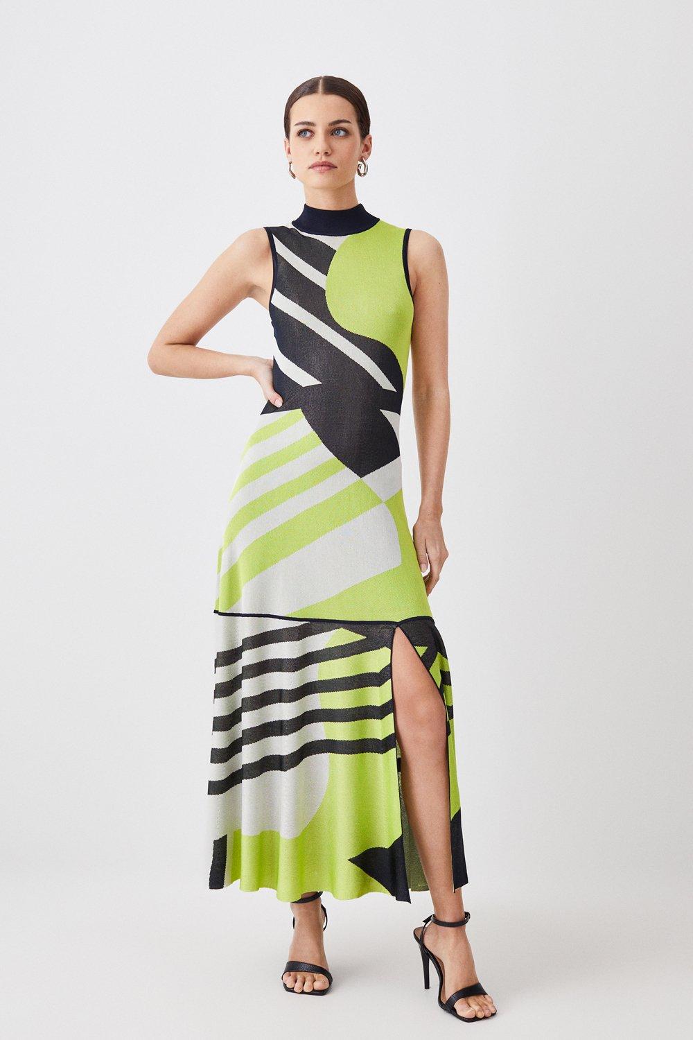 KAREN MILLEN Petite Slinky Knit Jacquard Abstract Maxi Dress in Lime ...