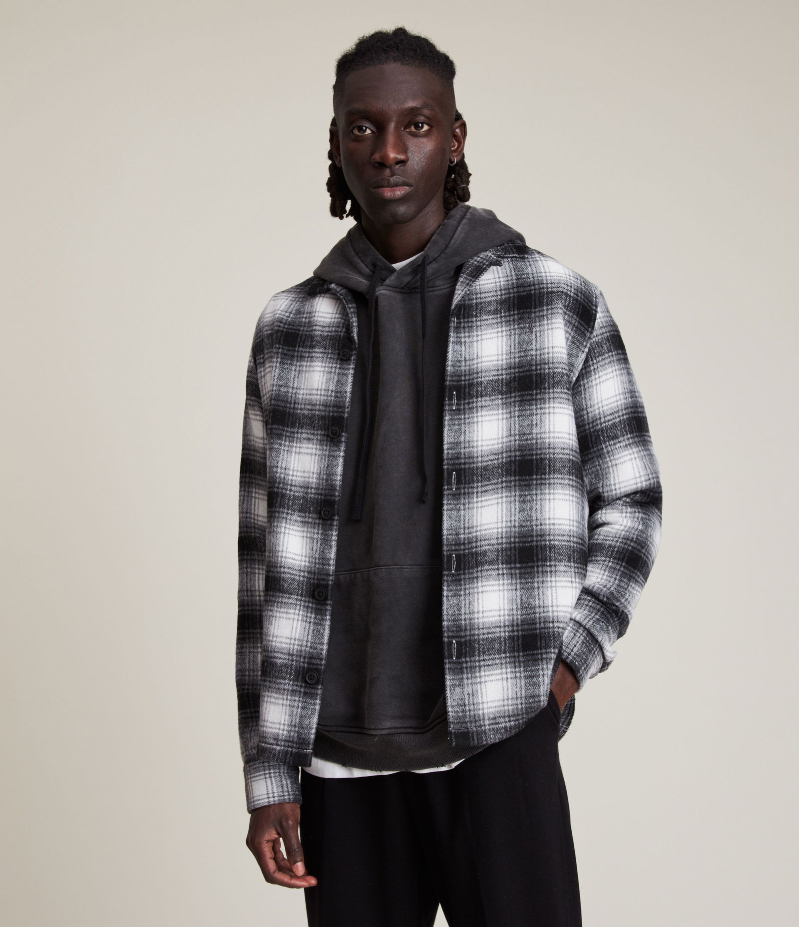 ALLSAINTS Westfork Wool Blend Shirt in White/Black | endource