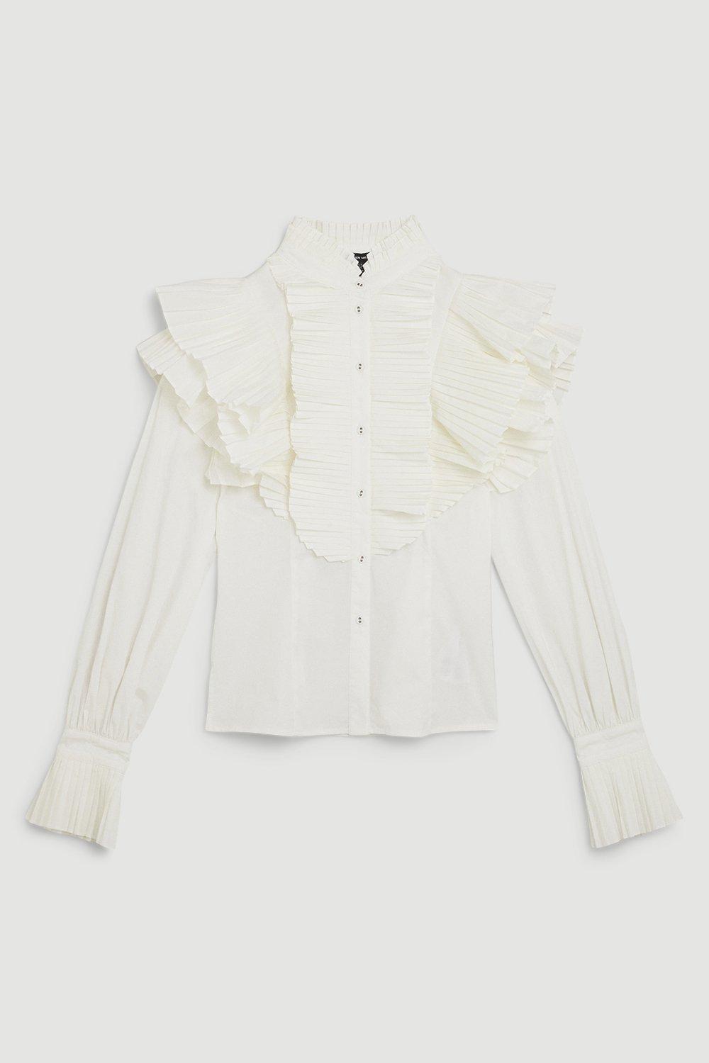 KAREN MILLEN Pleated Ruffle Woven Shirt in White | endource