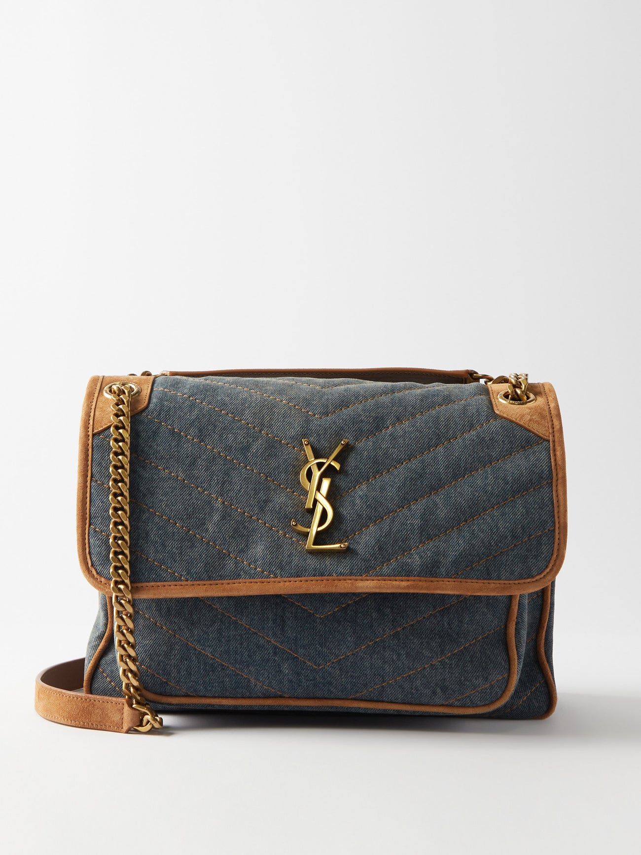 SAINT LAURENT Niki Medium Quilted-Denim Shoulder Bag in Blue | endource