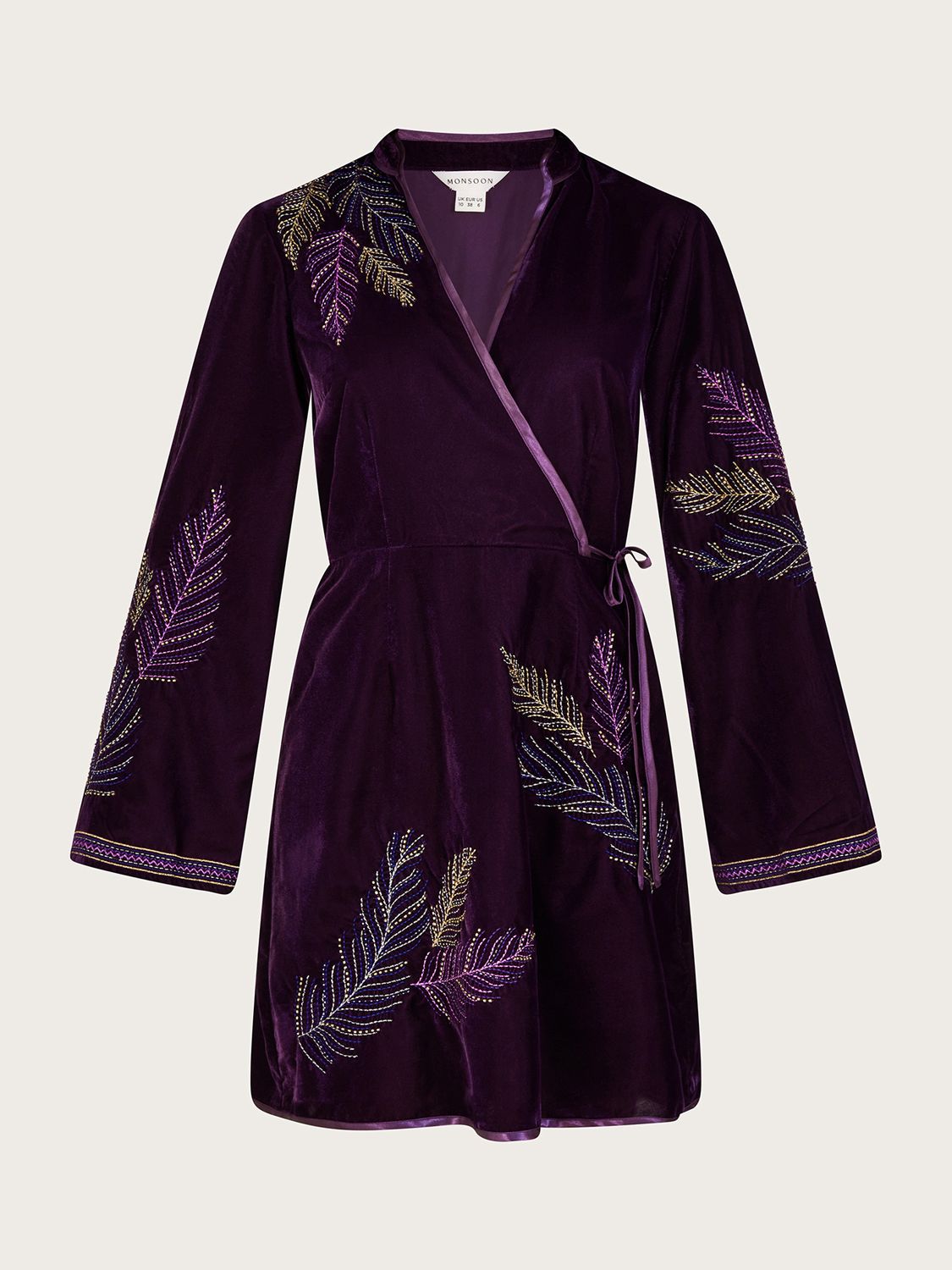Monsoon Navi Feather Embellished Velvet Wrap Dress in Purple | endource