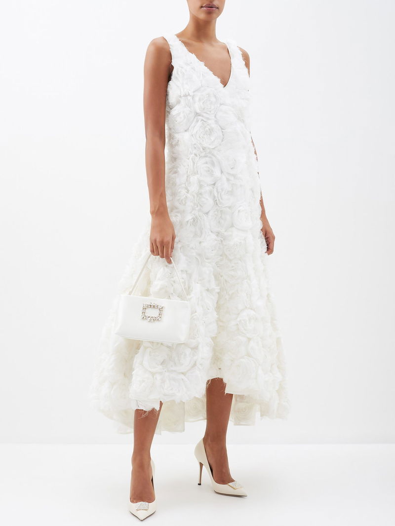 ERDEM Eberta Rose-Embroidered Silk Midi Dress in White | Endource