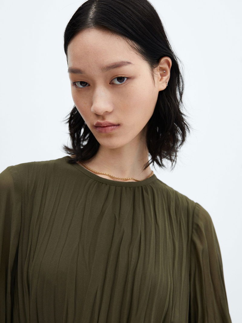 MANGO Isabel Pleated Mini Dress in Khaki | endource