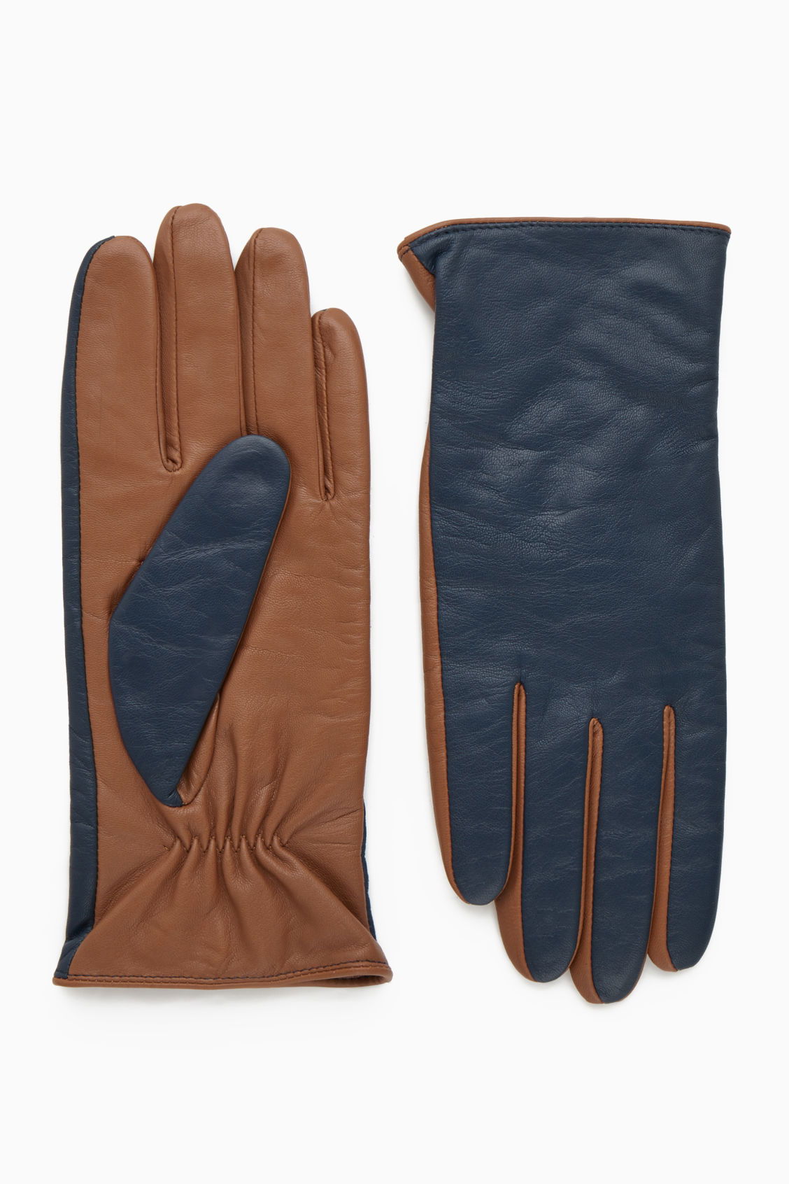 COS Cashmere-Lined Colour-Block Leather Gloves in BROWN / TEAL | endource