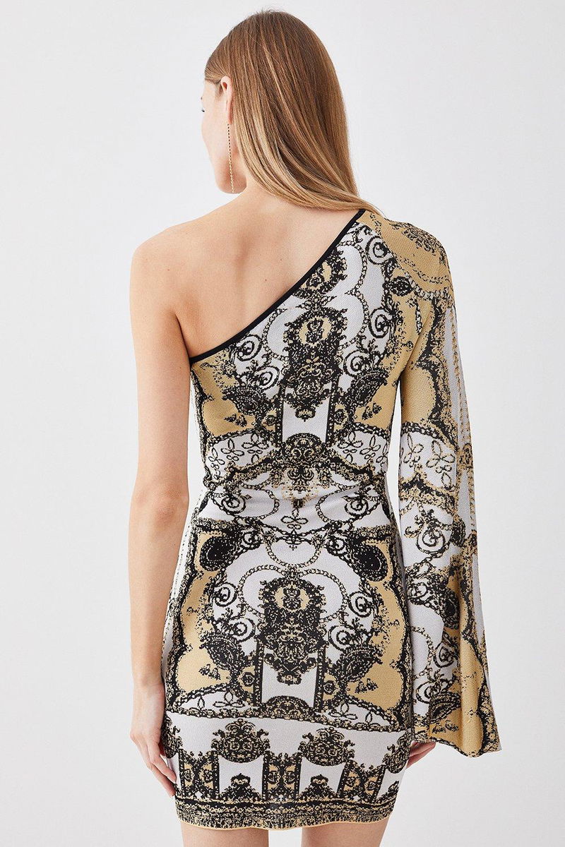 KAREN MILLEN Slinky Jacquard One Shoulder Kimono Sleeve Knitted Mini ...