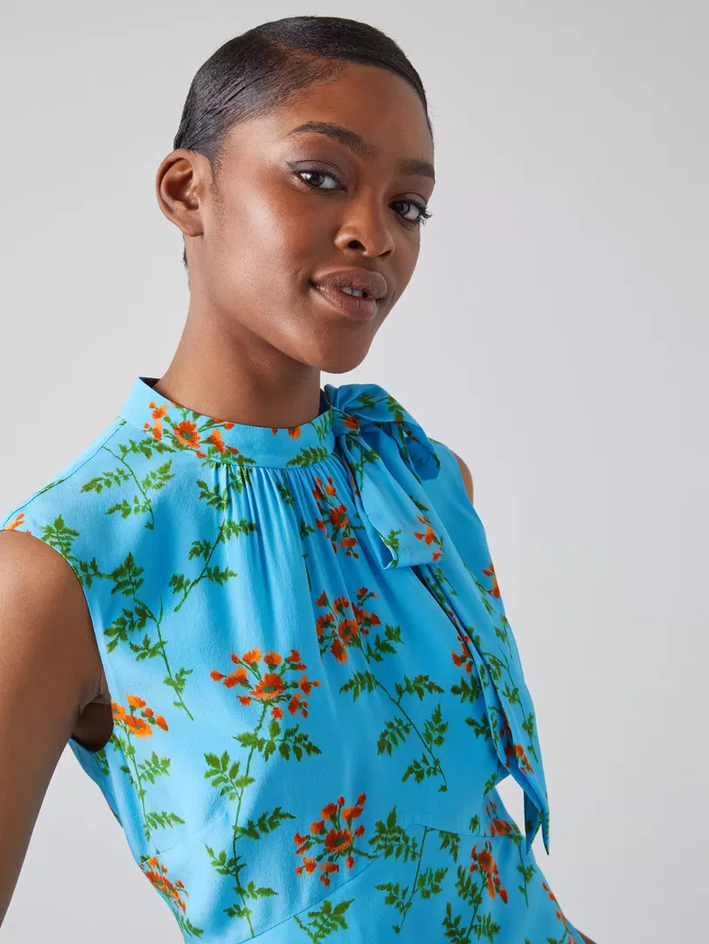 L.K. BENNETT Vali Silk Valerian Floral Print Dress in Blue | Endource