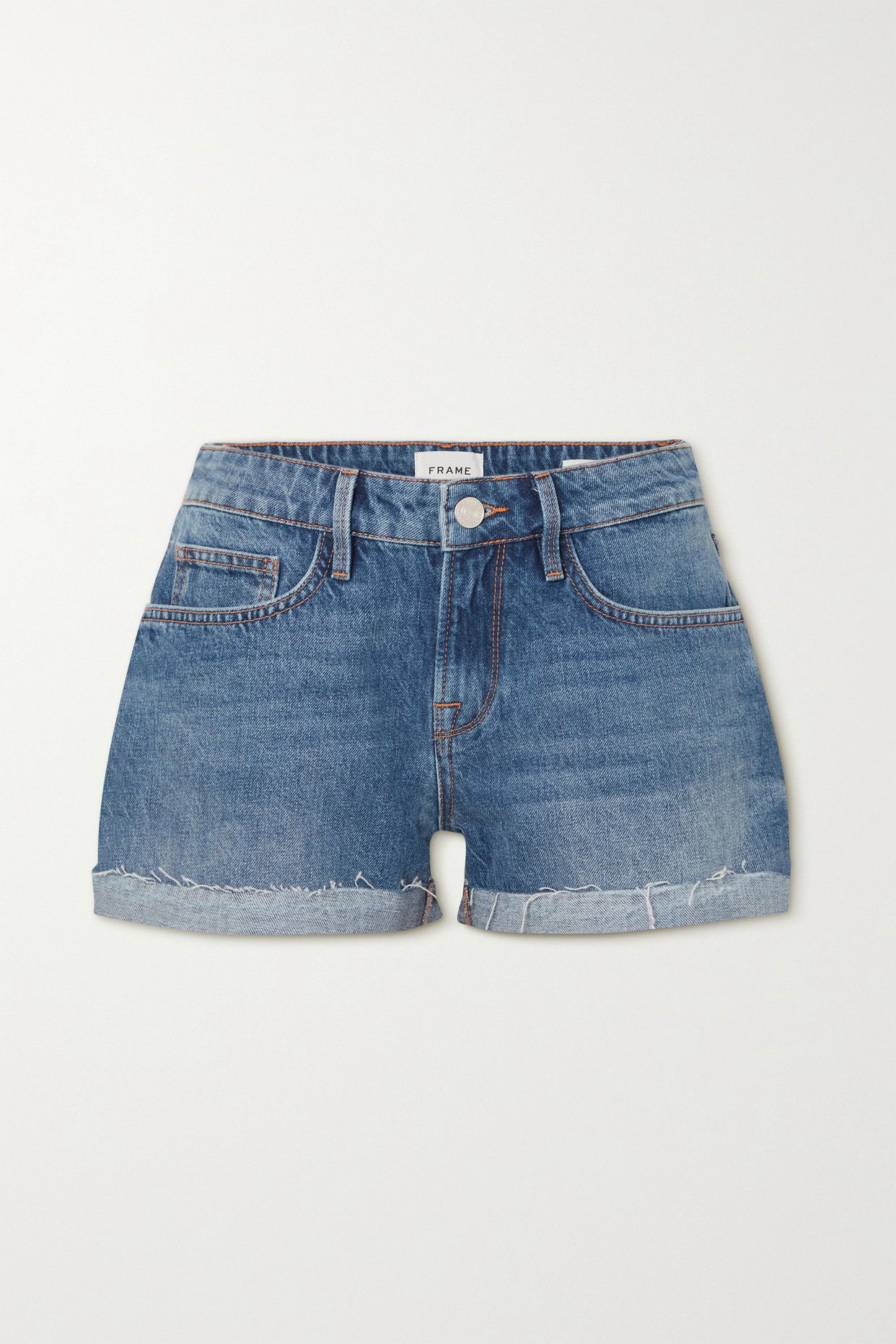 FRAME Le Grand Garcon Frayed Denim Shorts in Blue | Endource