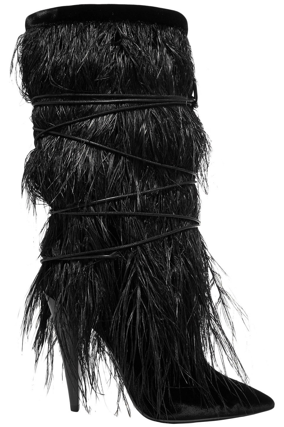 SAINT LAURENT Yeti Ostrich Feather-Embellished Velvet Boots in Black ...