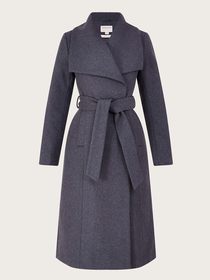 Monsoon Kristen Wrap Neck Coat in Grey | endource