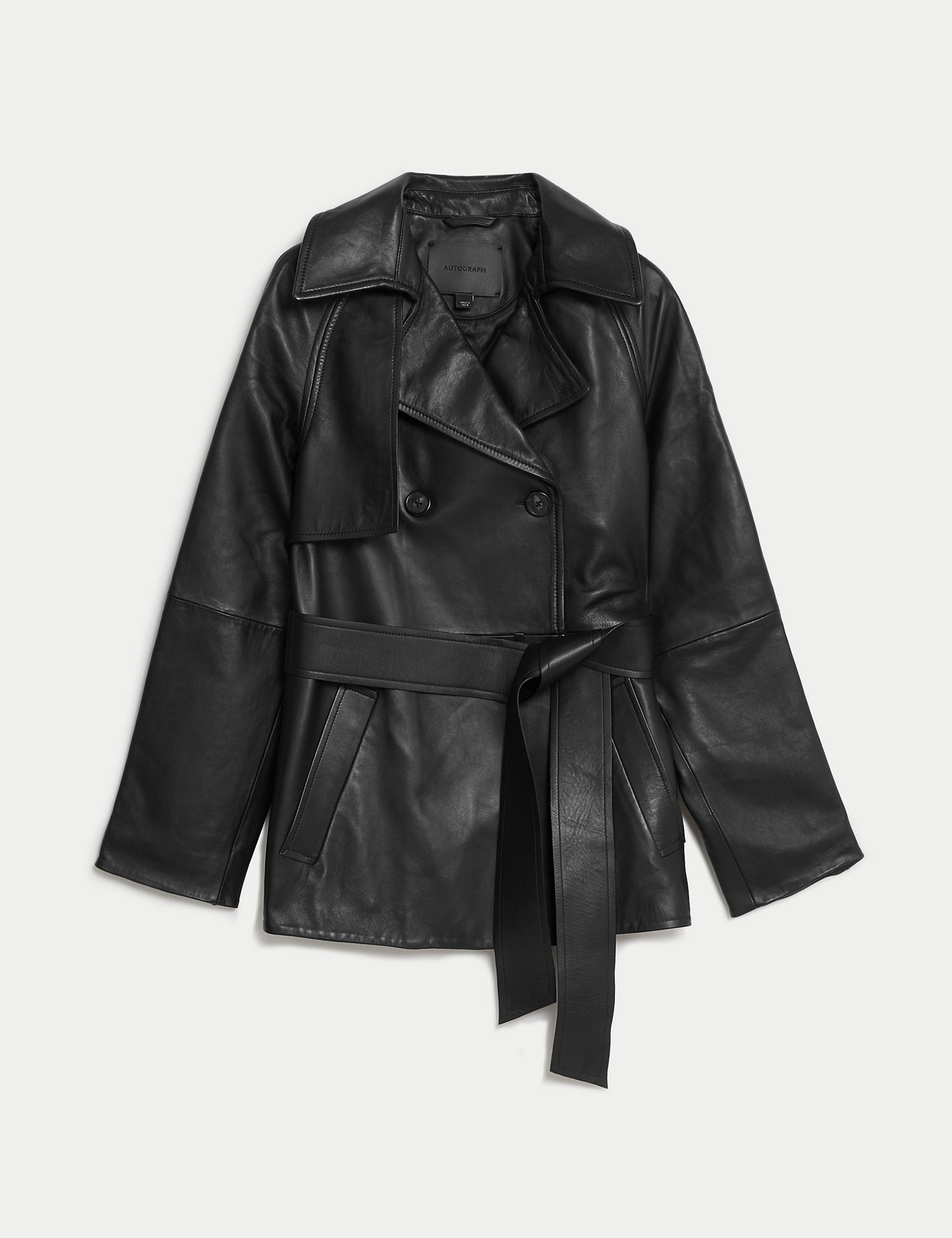 AUTOGRAPH Leather Belted Cropped Trench Coat in Black | endource