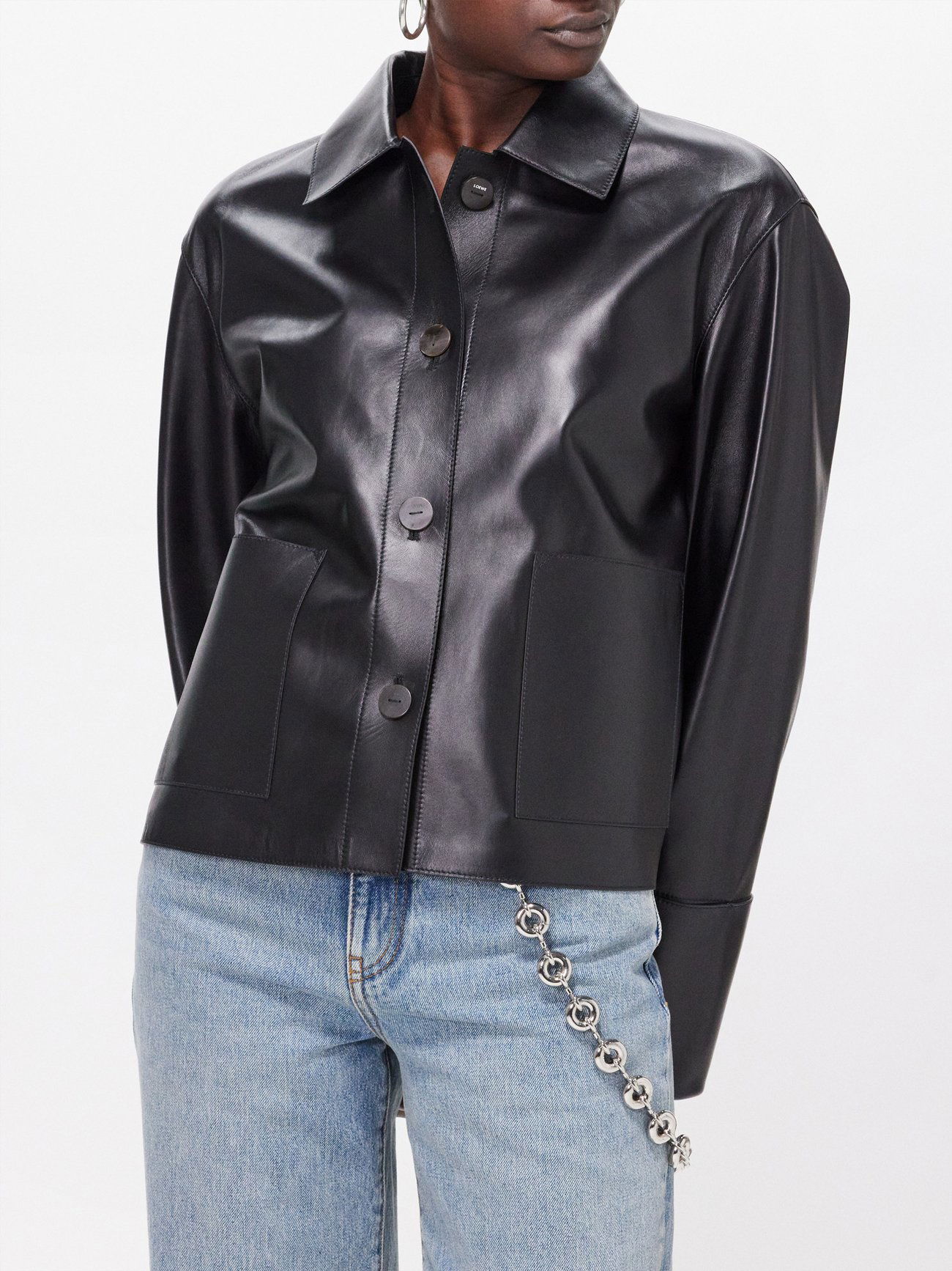 LOEWE Patch-Pocket Leather Jacket in Black | Endource