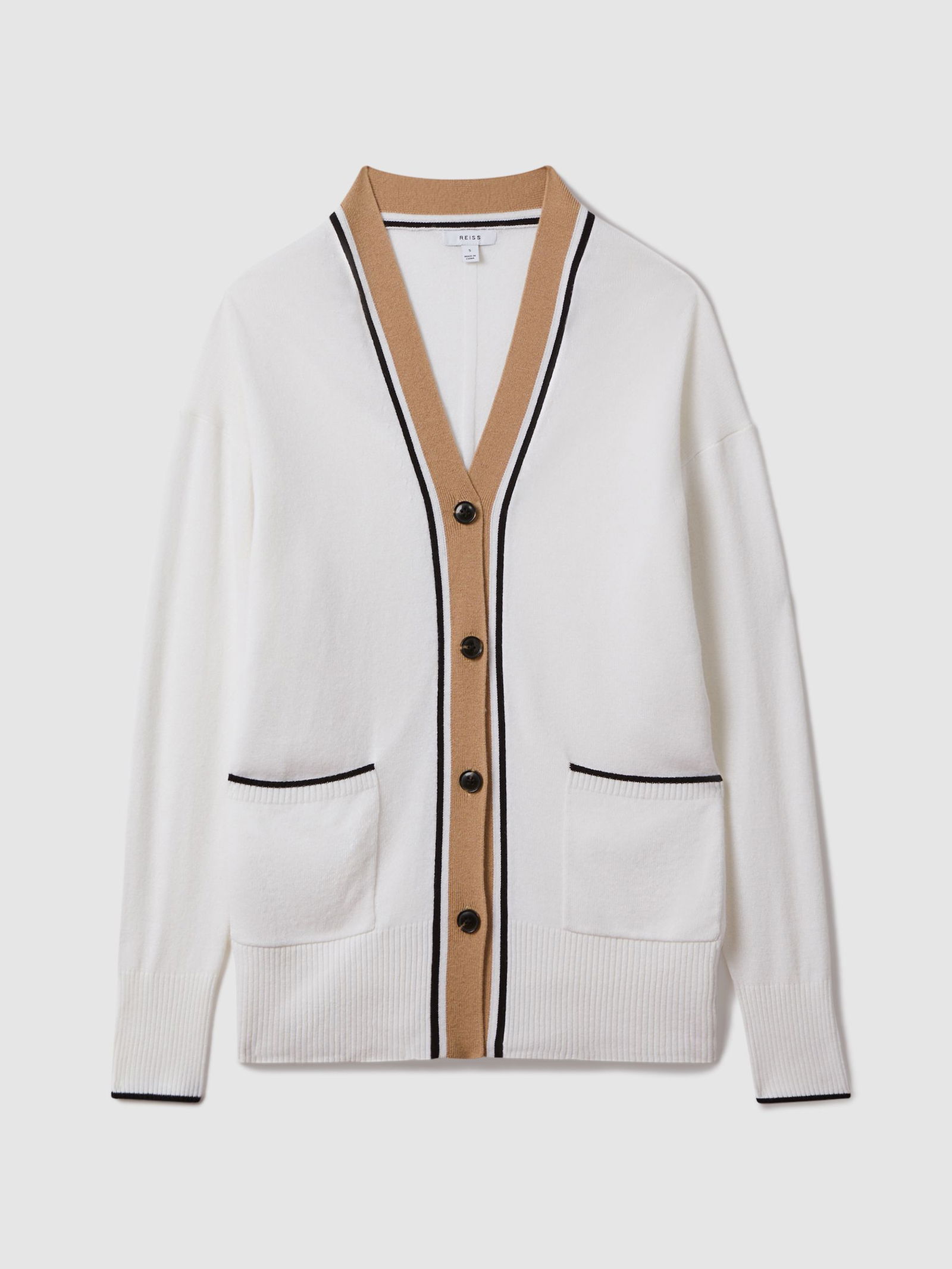 REISS Carly Wool Blend Contrast Trim Cardigan in Ivory/Black | endource