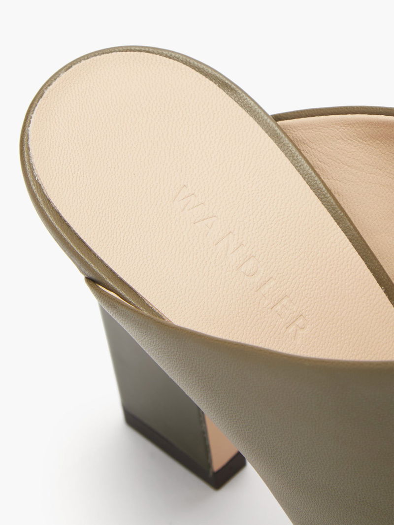 WANDLER Casta Block-Heel Leather Mules in Olive green | Endource