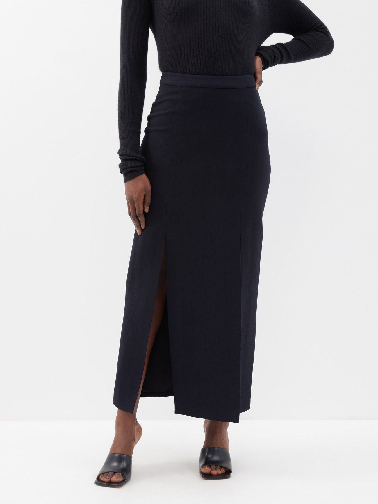 RAEY Split Front And Back Midi Skirt in Navy | endource