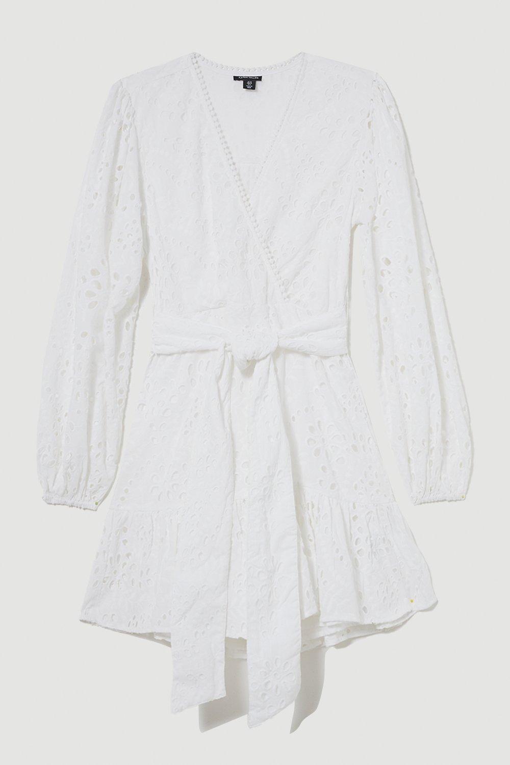 KAREN MILLEN Cotton Broderie Wrap Mini Dress in Green | endource