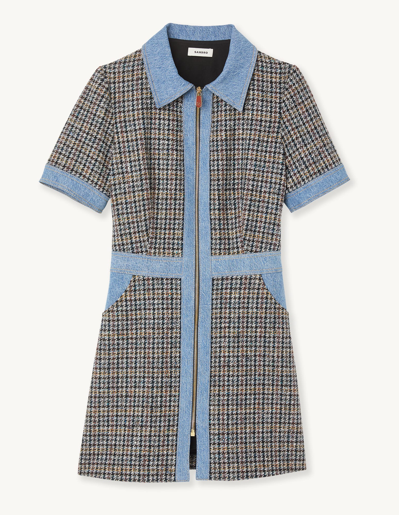 SANDRO Short Tweed And Denim Dress in Blu / Beige | endource